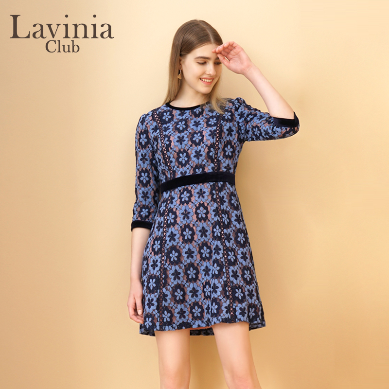 Lavinia Club/拉维妮娅印花连衣裙气质高腰显瘦秋季新款R195LQ45_虎窝淘