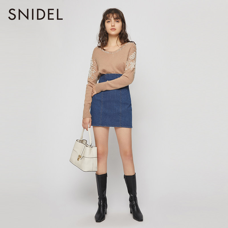 SNIDEL秋冬甜美温柔纯色V领仿钻石珍珠长袖针织衫SWNT215013_虎窝淘