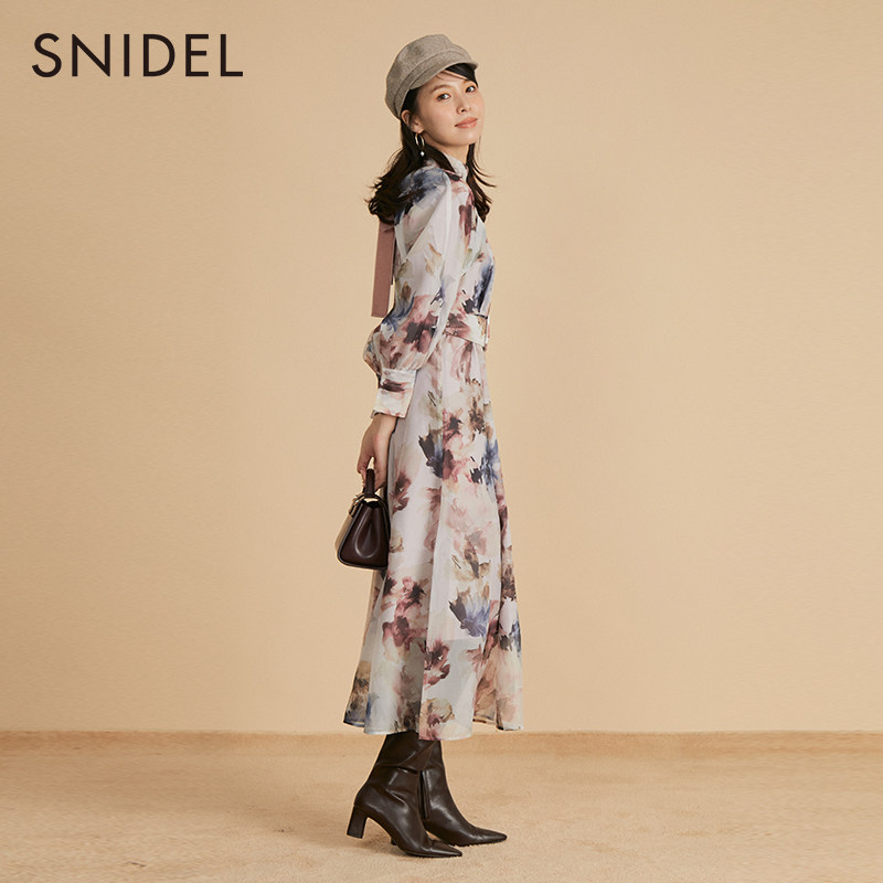 SNIDEL秋冬款优雅水墨印花蝴蝶结系带腰带连衣裙SWFO224214_虎窝淘