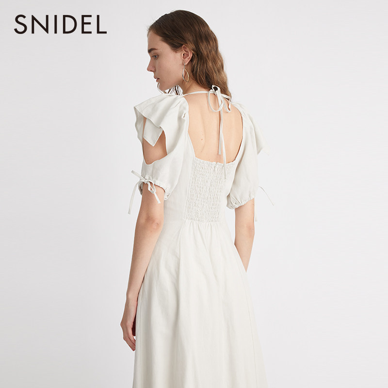 SNIDEL春夏法式方领荷叶边小飞袖露背连衣裙SWFO221054_虎窝淘