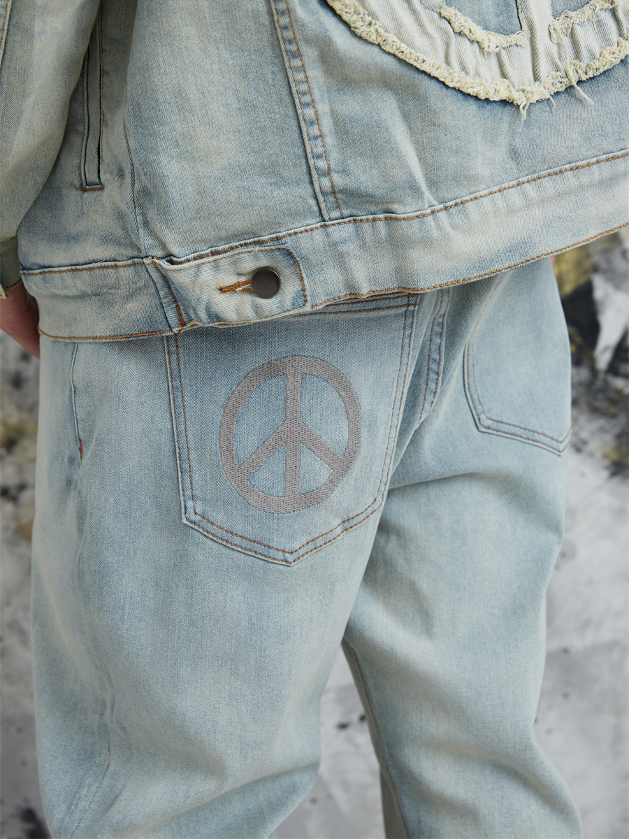 XMXX SUPPLY战争之王主题黄泥洗水做旧刺绣弹力直筒牛仔裤_虎窝淘