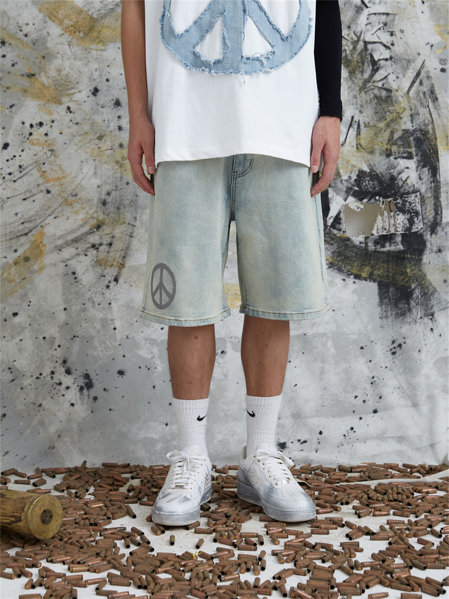 XMXX SUPPLY战争之王主题黄泥洗水做旧刺绣宽松弹力牛仔裤短裤_虎窝淘