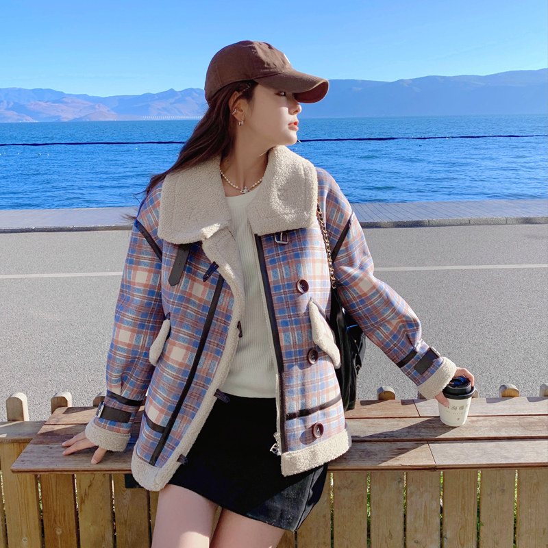 现货格纹皮毛一体羊羔绒外套C158-M78-P175-K258_虎窝淘