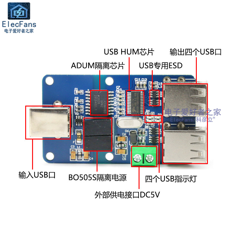 四路USB隔离器模块ADUM4160/3160扩展集线器耦合音频电源保护板_虎窝淘
