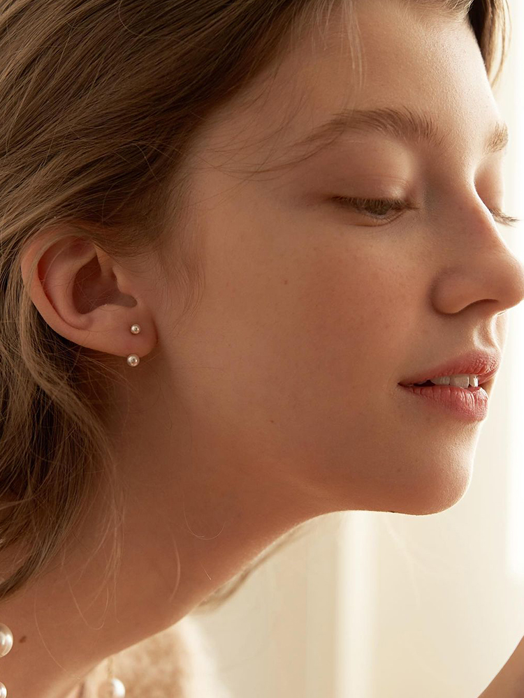 LLab 925银镀金 5A天然小珍珠C型两戴耳钉百搭小圆球双层耳环_虎窝淘