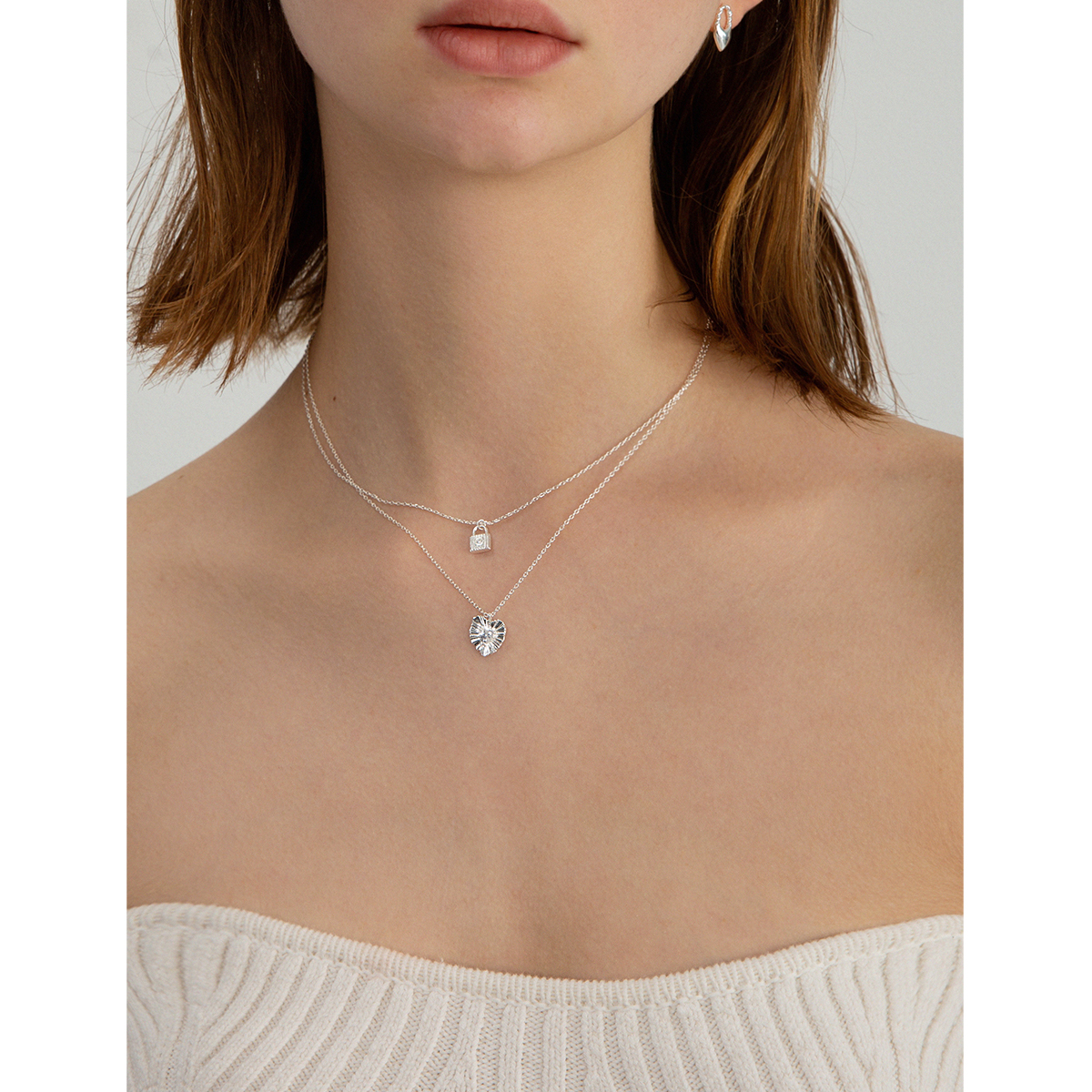 LLab立体百褶爱心镶钻项链925银不规则切割心形锁骨链_虎窝淘