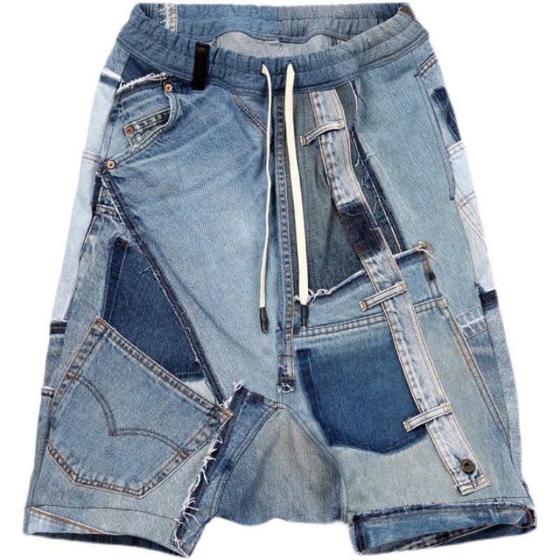 CHAUNK暗黑日系复古GL风解构古着牛仔不对称拼接休闲五分裤男短裤_虎窝淘