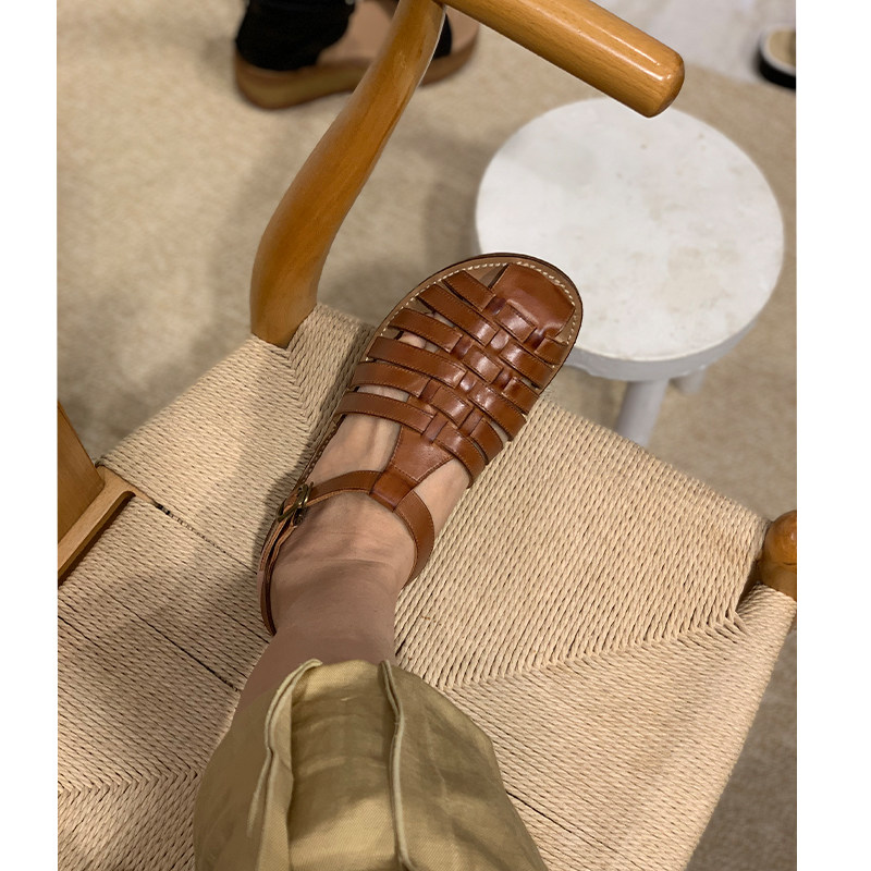 阿马司夏复古法式罗马包头凉鞋女平底牛皮编织百搭真皮mona同款潮_虎窝淘