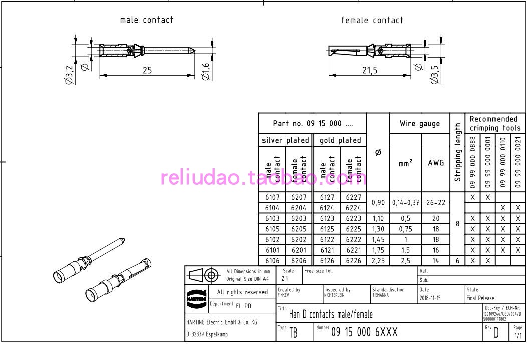 HARTING连接器09150006206母针R15-BU-C镀银2.5mm AGW14德国原装_虎窝淘