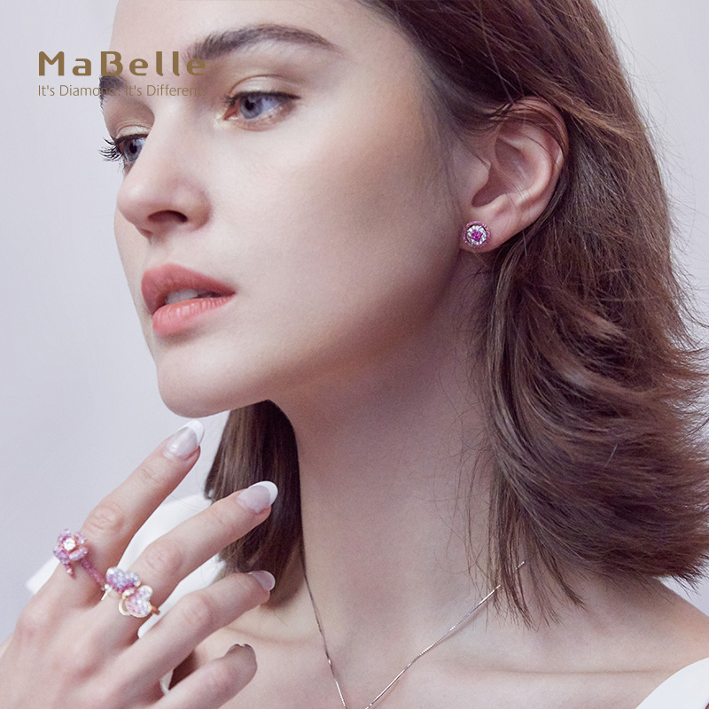 MaBelle/玛贝尔18K红白金公主方粉蓝宝拼镶钻石耳钉一款两戴_虎窝淘