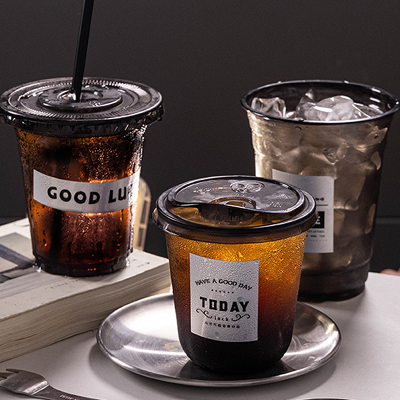 U型商用一次性咖啡杯子带盖网红黑色PET透明塑料冰美式外带杯定制_虎窝淘