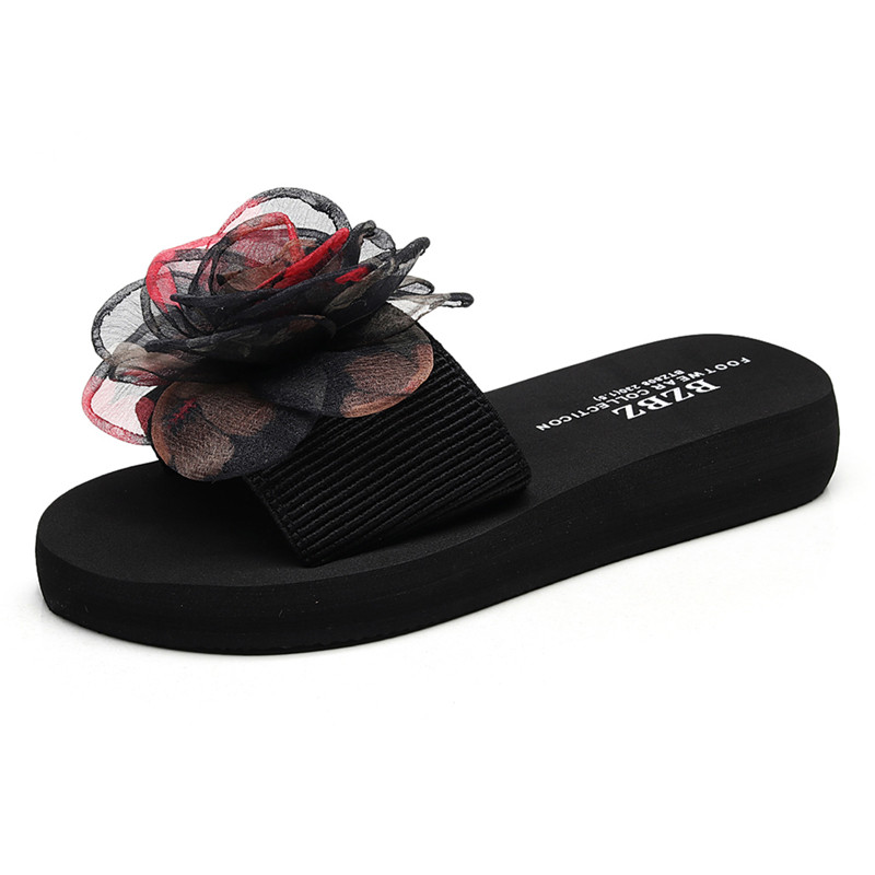 Bzbz新款海边花朵沙滩拖鞋女夏厚底防滑一字拖鞋外穿时尚平底凉拖_虎窝淘