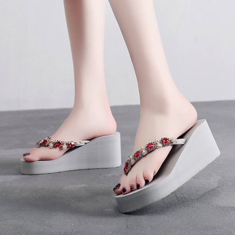 Bzbz韩版水钻凉拖鞋外穿时尚防滑高跟人字拖坡跟厚底沙滩拖鞋女夏_虎窝淘