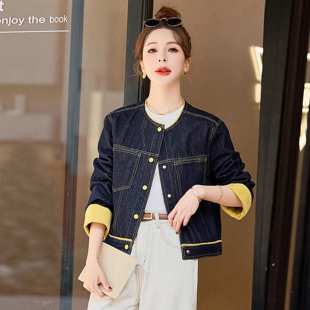 Spliced contrasting denim jacket women's new spring age-reducing high-end casual short ...