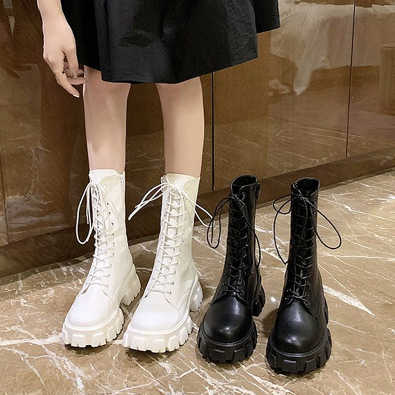 小个子增高马丁靴英伦风高帮女鞋2023春秋季厚底单靴白色中筒靴子虎窝淘 0665