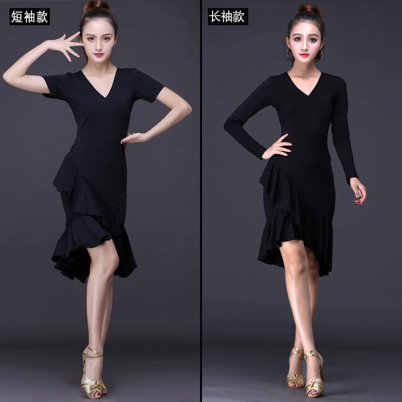 baysa夏季练功服舞蹈女成人春夏新款性感短袖V领拉丁舞服装连衣裙_虎窝淘