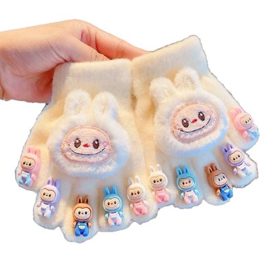 卡通女童可爱翻盖毛绒手套冬季加绒保暖用品露指触屏学生写字防寒