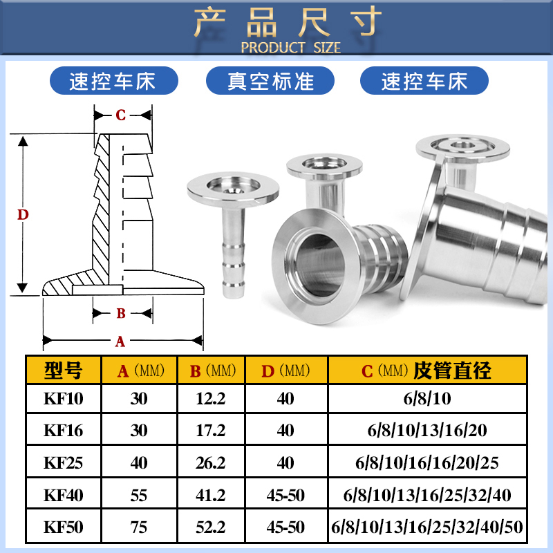 不锈钢真空快装皮接宝塔皮管气管接头KF16/25/40/50/Φ16/25/10/8_虎窝淘