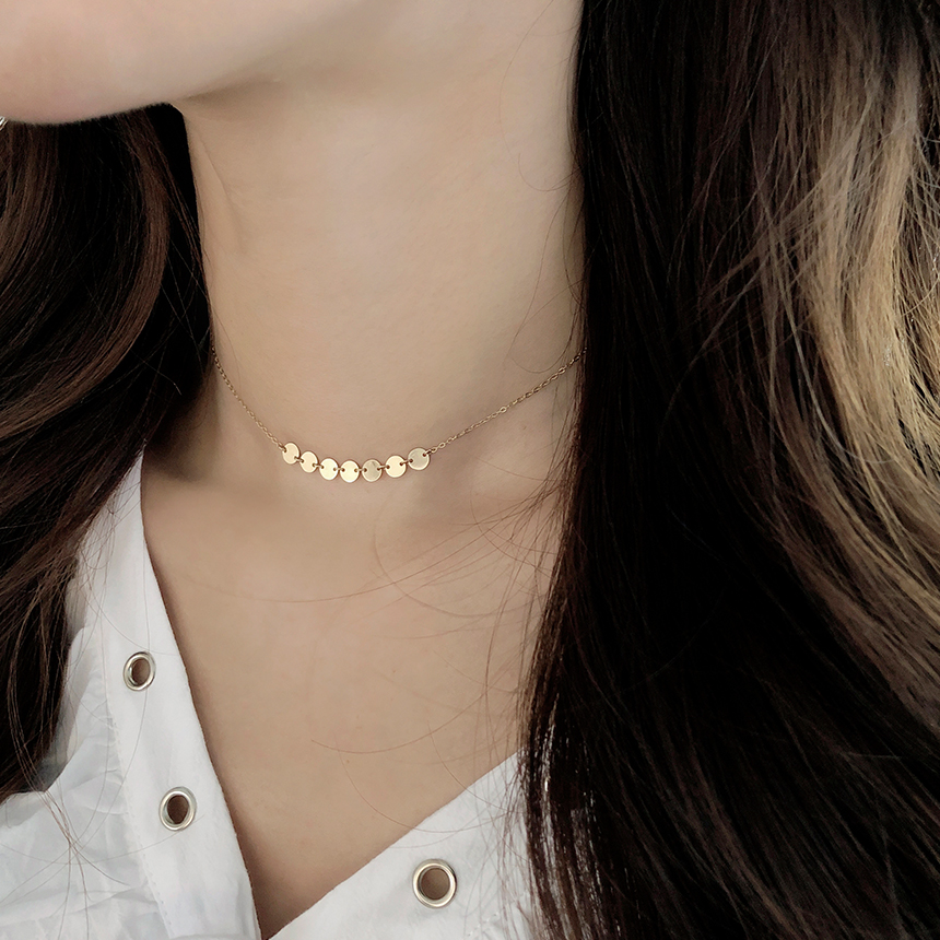 日韩简约韩国纯10k14k黄金项链女 7个圆片亮片锁骨链短款颈链欧美_虎窝淘