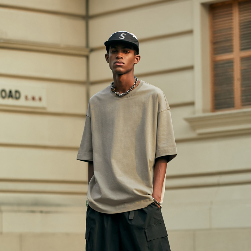 265G重磅纯色短袖T恤男潮牌欧美高街大地色OVERSIZE宽松半袖体恤_虎窝淘