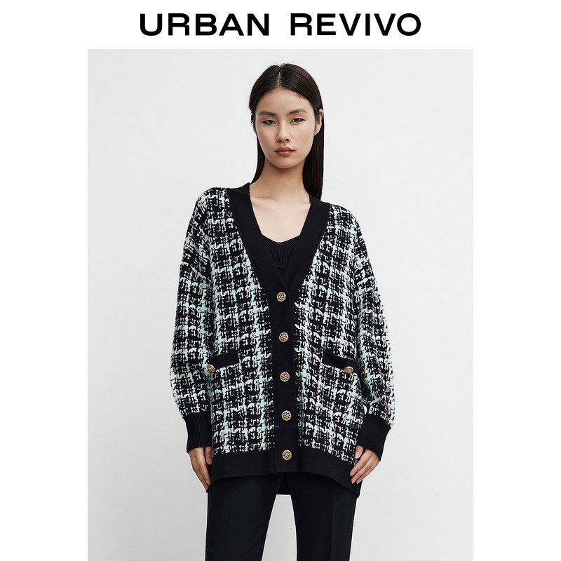 URHOT新品女装气质格纹毛衣外套WG43R9DN2001_虎窝淘