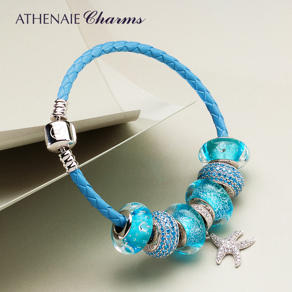 ATHENAIE天蓝色925银镀白金锁扣编织皮绳DIY情侣手链手工材料_虎窝淘