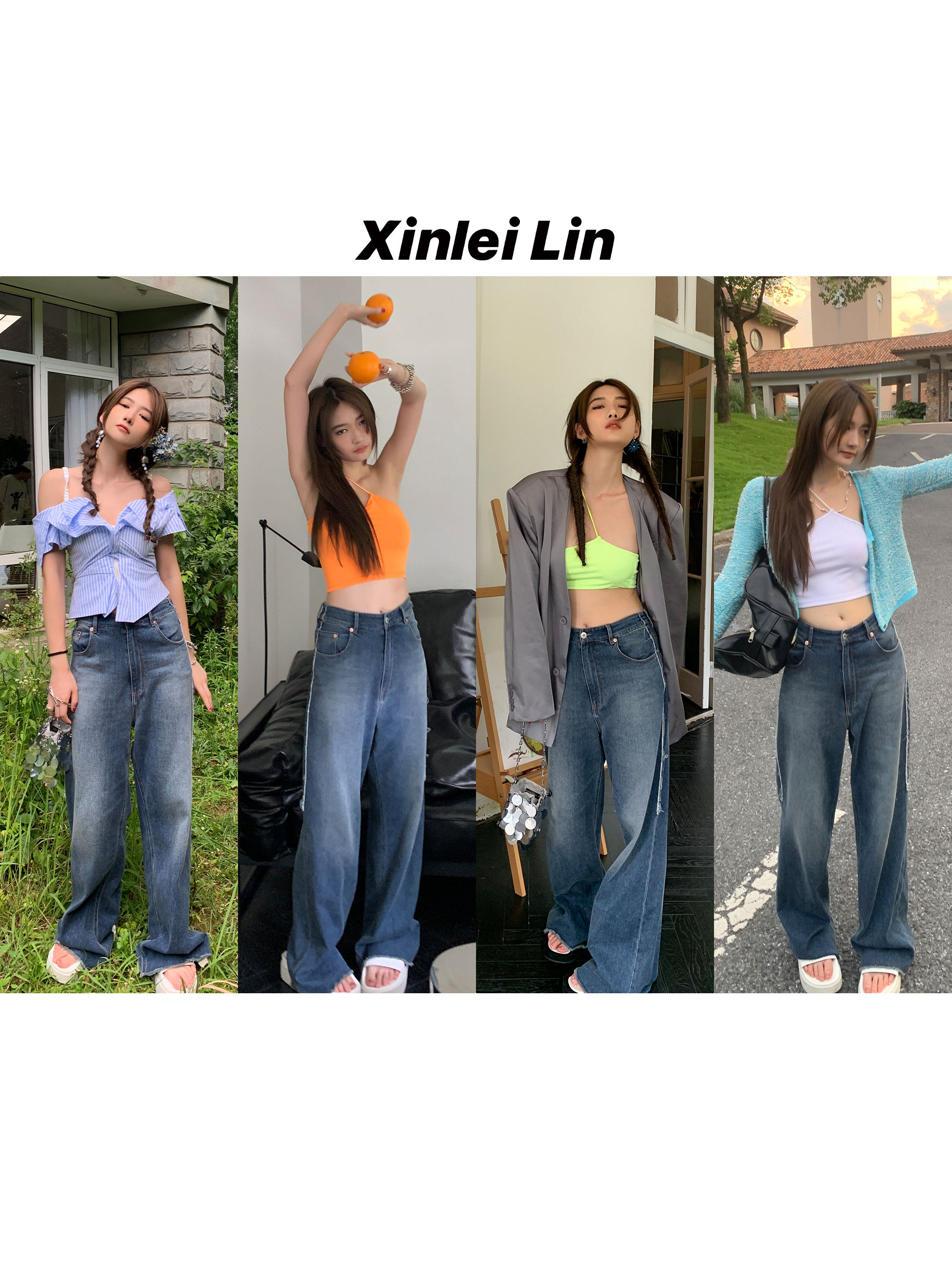 Xinlei Lin 2022夏新款柔软的蓝，细节磨毛糯糯直筒牛仔裤_虎窝淘