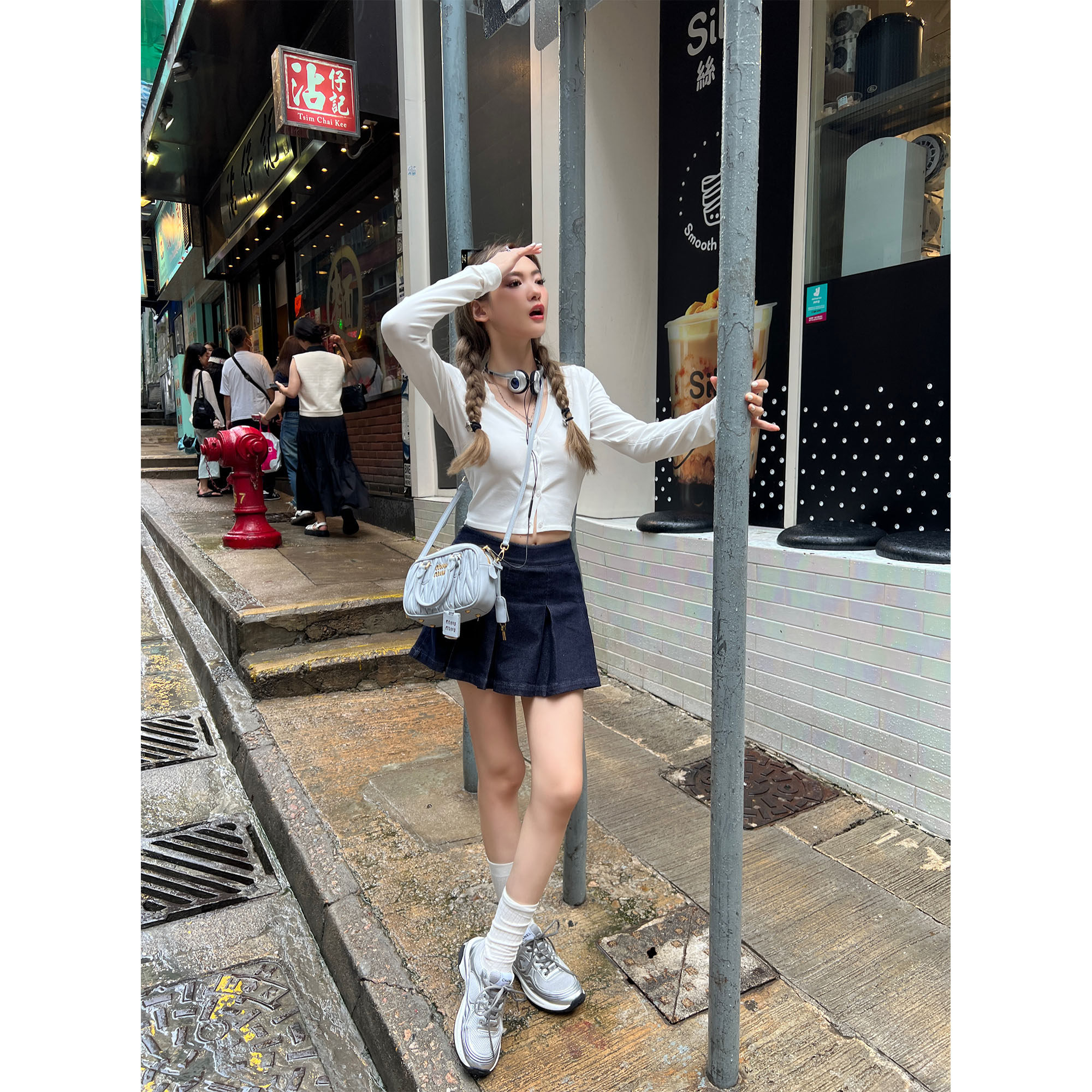 Xinlei Lin crush girl美式超薄弹力牛仔长袖衬衫半身裙套装_虎窝淘