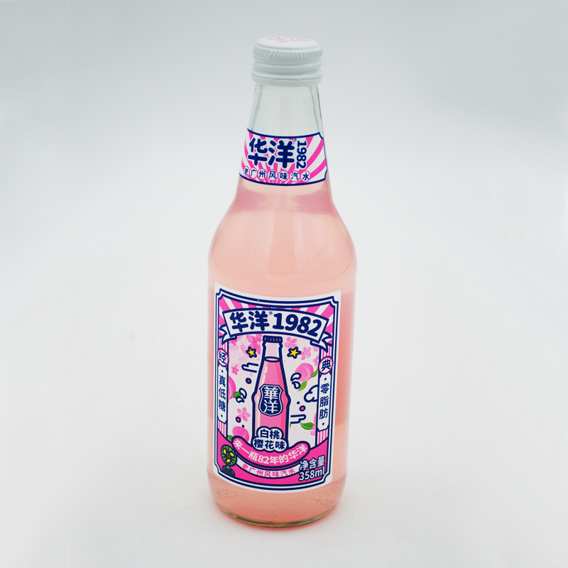 华洋1982白桃樱花味358ml玻璃瓶装果味汽水碳酸饮料_虎窝淘