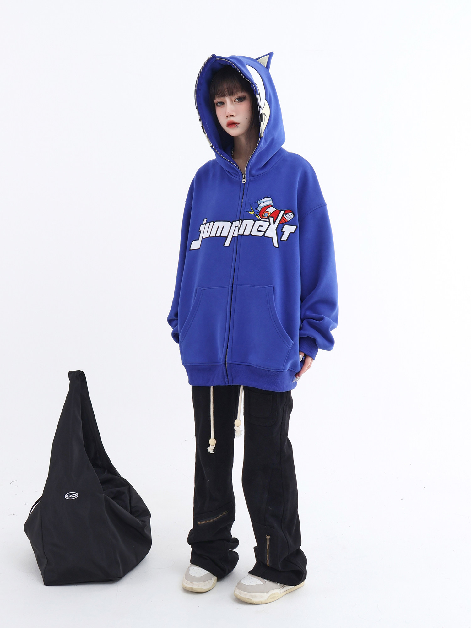 JUMP NEXT国潮牌秋冬情侣卡通动漫刺绣拉链开衫宽松休闲连帽卫衣_虎窝淘