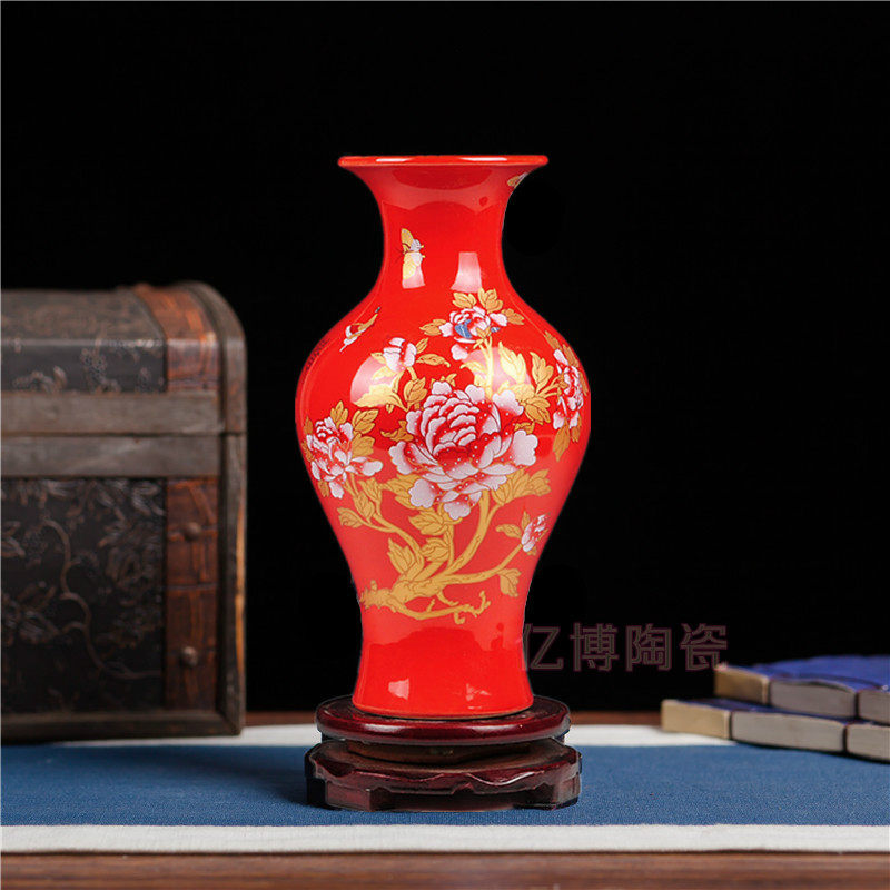 景德镇陶瓷花瓶摆件客厅插花器瓷瓶小中国红装饰工艺摆设家居饰品_虎窝淘
