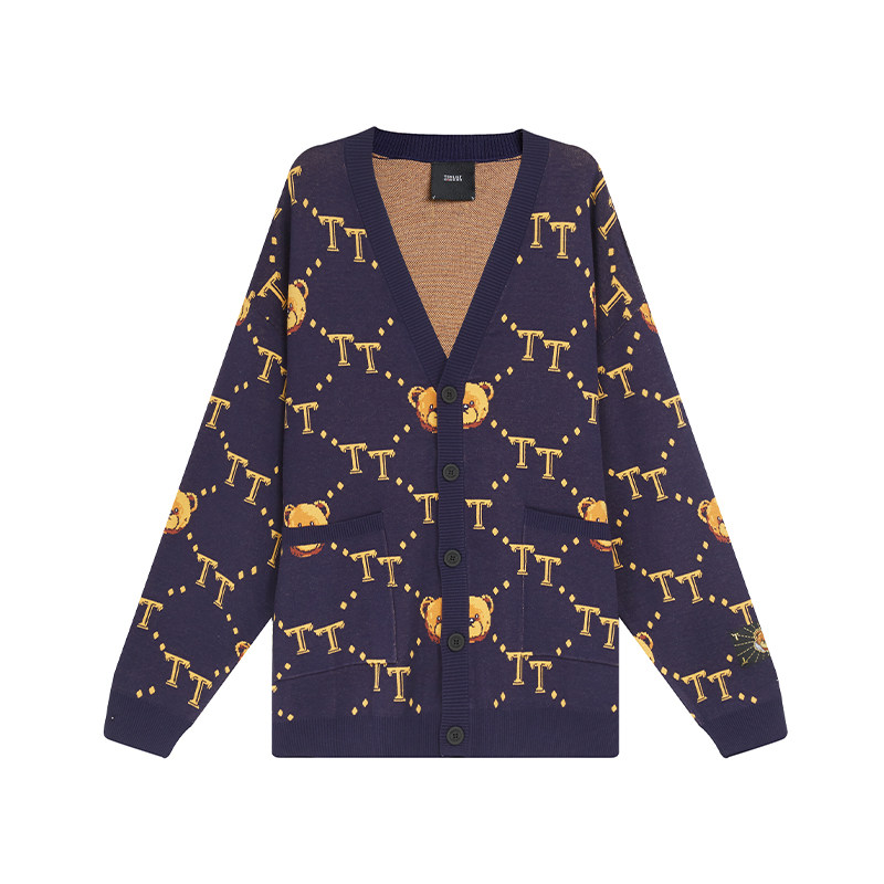 TSMLXLT【TT Bear系列】个性小熊提花开衫男女潮牌个性V领针织衫_虎窝淘