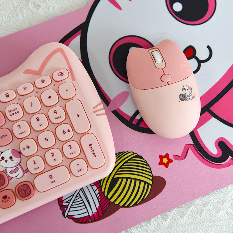 摩天手无线电脑台式鼠标键盘三件套装粉色可爱卡通女生高颜值办公_虎窝淘