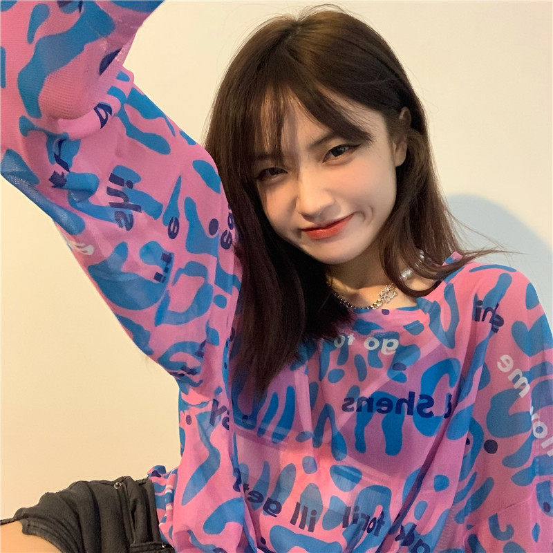 字母宽松t恤女薄款夏季新款防晒罩衫网纱打底衫套头长袖上衣夏_虎窝淘