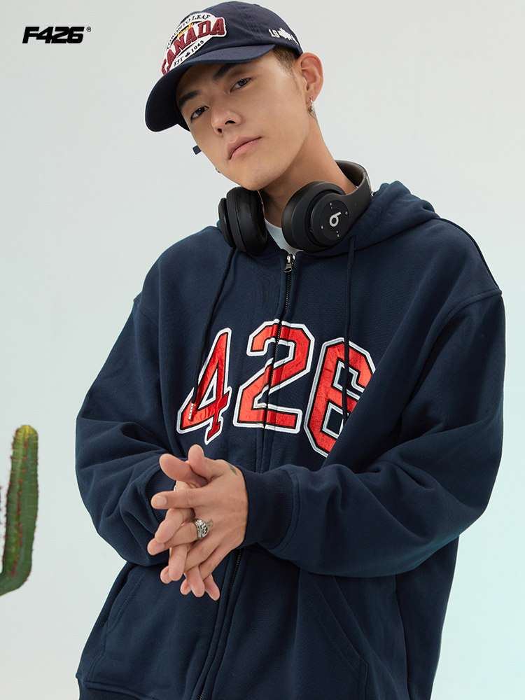 【F426官方店】国潮牌情侣春秋四色亮面LOGO开衫宽松街头外套_虎窝淘