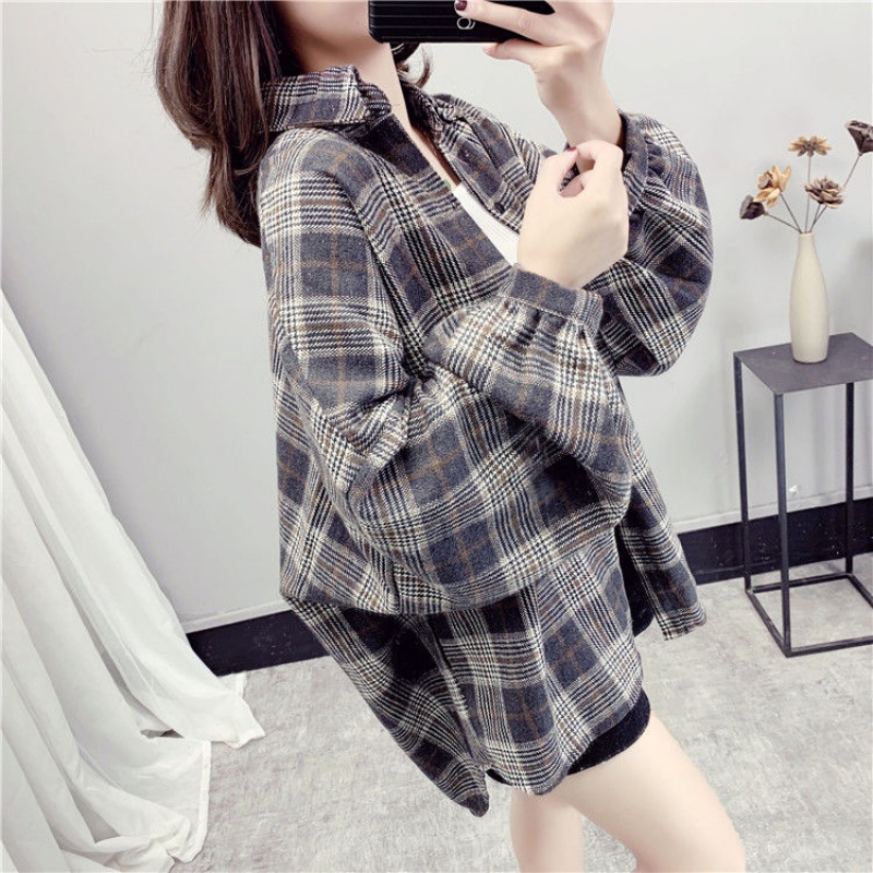 格子衬衫女秋冬韩国复古中长款拼色长袖毛绒衬衣宽松加厚毛呢外套_虎窝淘