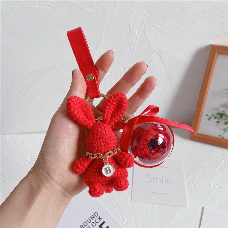 字母定制编织兔子钥匙扣可爱永生花汽车钥匙链包包挂件少女心礼物_虎窝淘