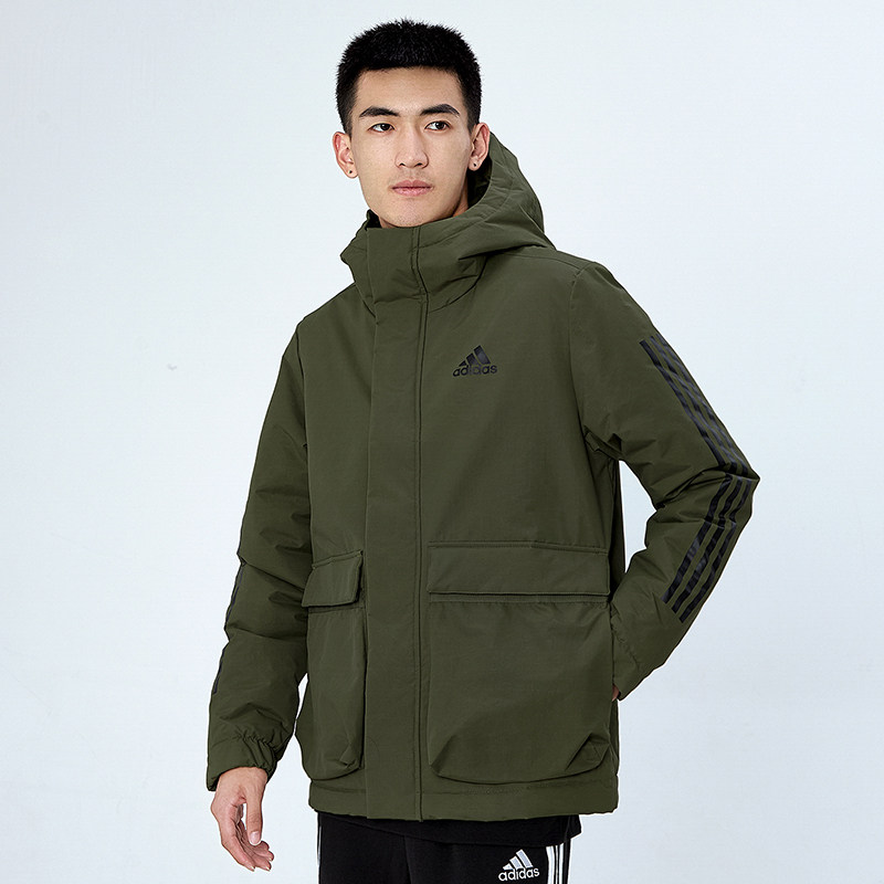 阿迪达斯官网棉服男装2022秋冬连帽外套军绿运动服休闲棉袄GT1691_虎窝淘