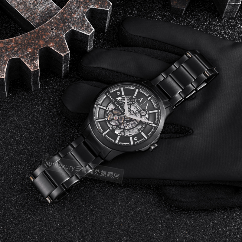 Armani阿玛尼机械表男表商务休闲手表钢带镂空时尚男士腕表AX2418_虎窝淘