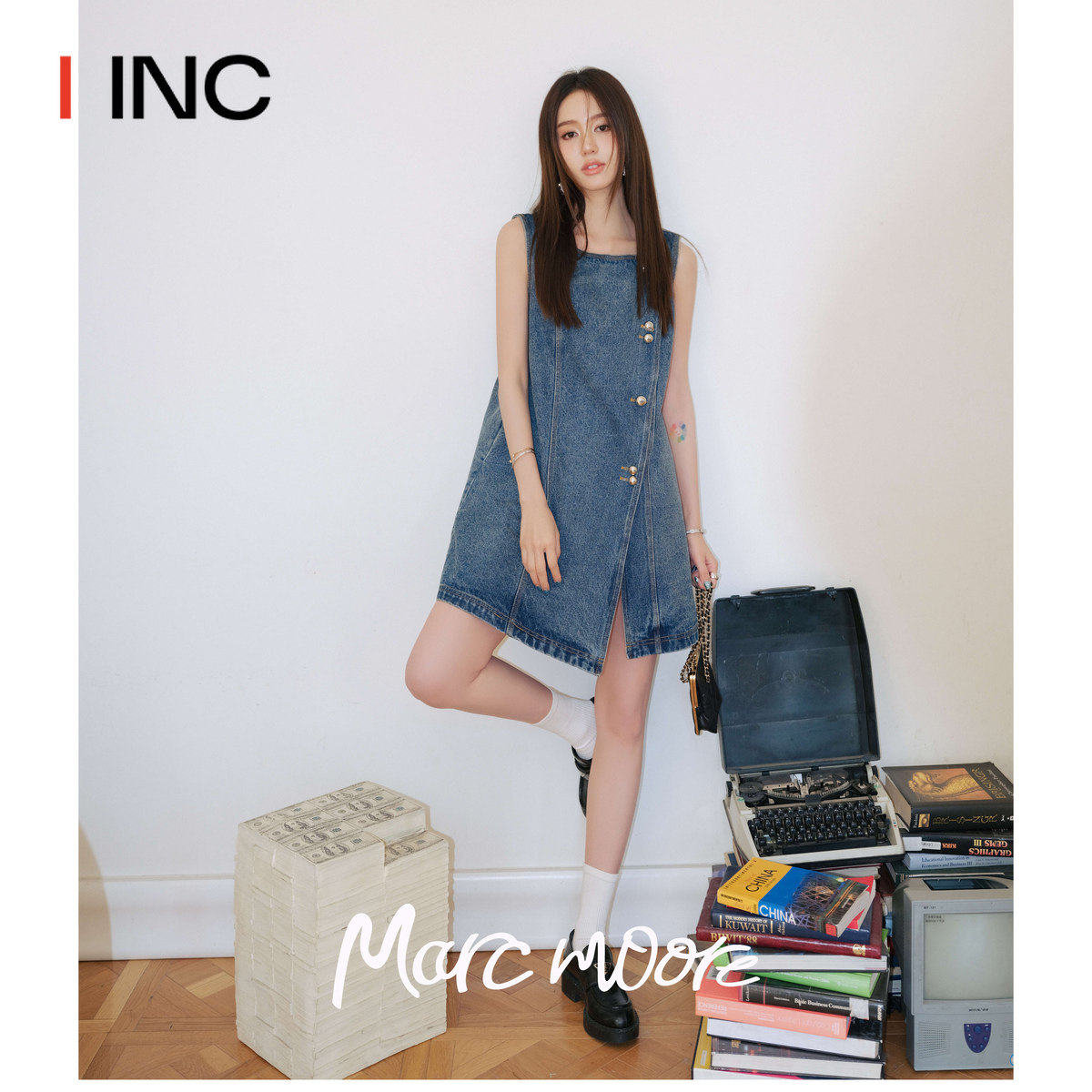 【MARC MOORE设计师品牌】 IINC 23SS新款复古牛仔蓝背心连衣裙女_虎窝淘
