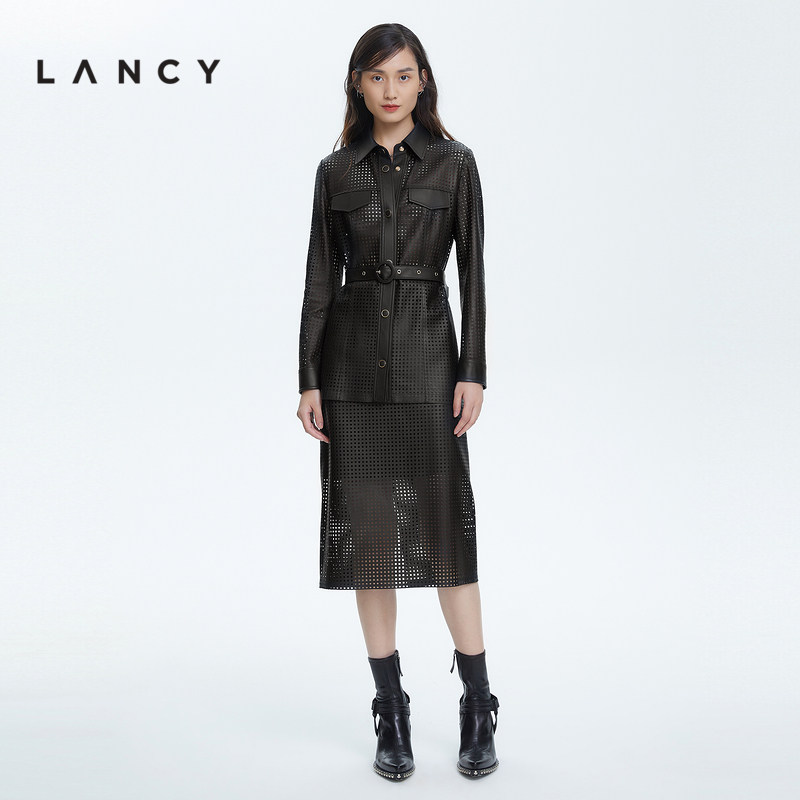 LANCY朗姿女装[波点游戏]22春夏新款显款绵羊皮衣外套衬衫领_虎窝淘