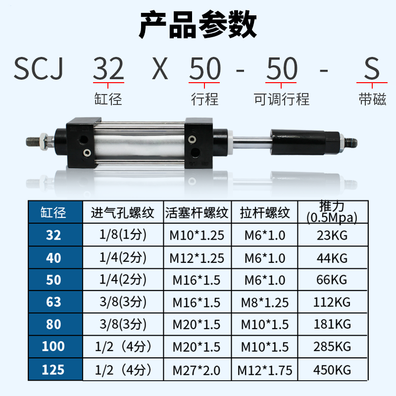SCJ气动气缸行程可调SCJ32/40/50/63/80/100/125/160-25-50-100_虎窝淘