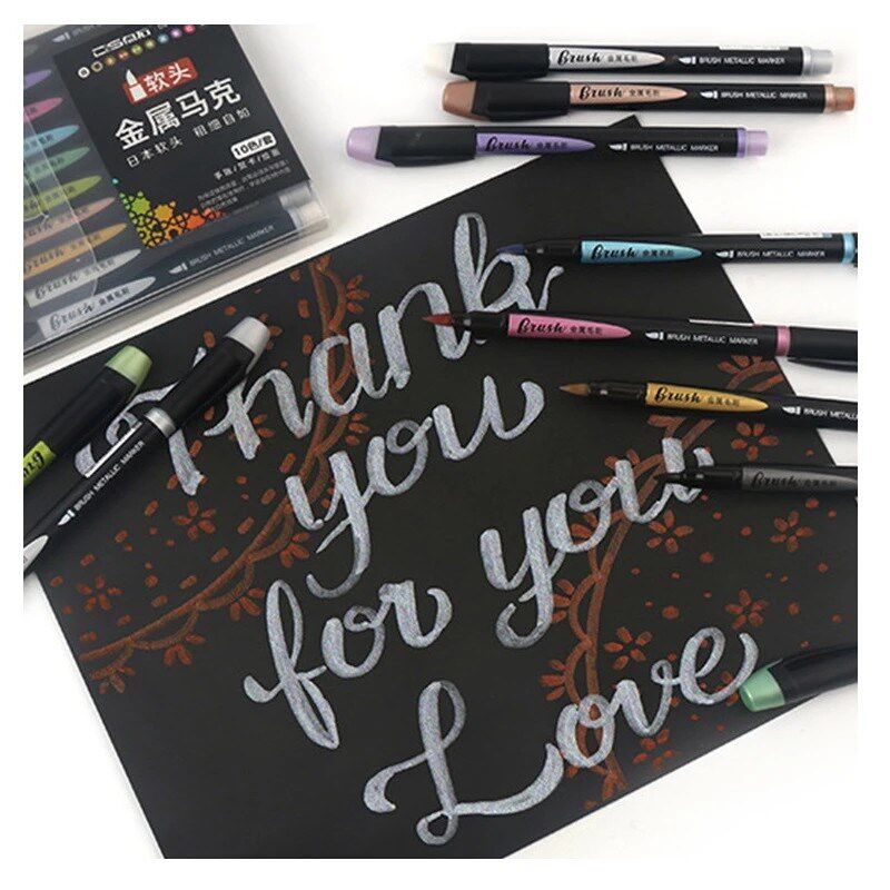 10pcs Color Brush Marker Pen Hand Lettering Pens Metallic M_虎窝淘