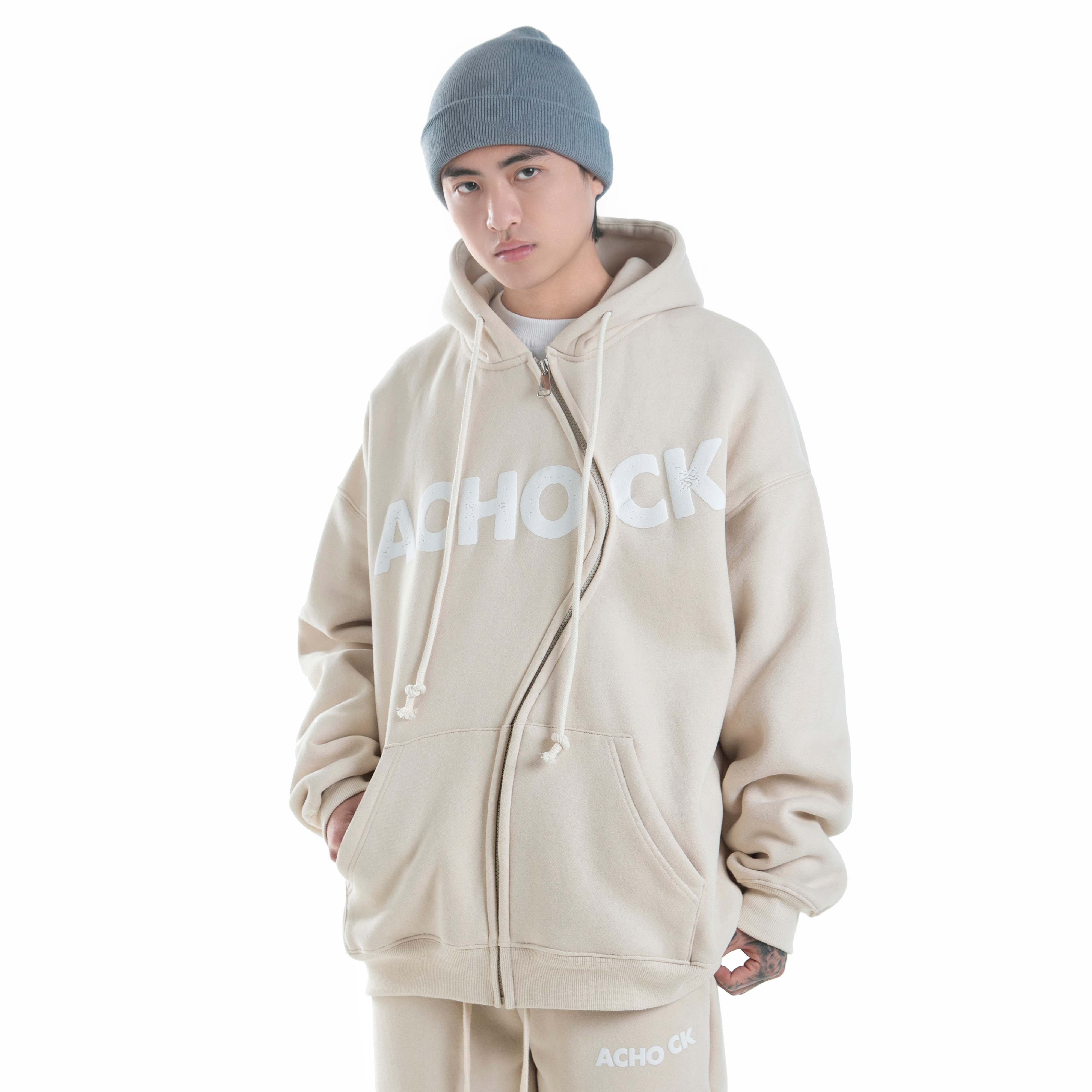 A chock国潮原创个性S拉链发泡印花卫衣宽松休闲开衫连帽卫衣外套_虎窝淘