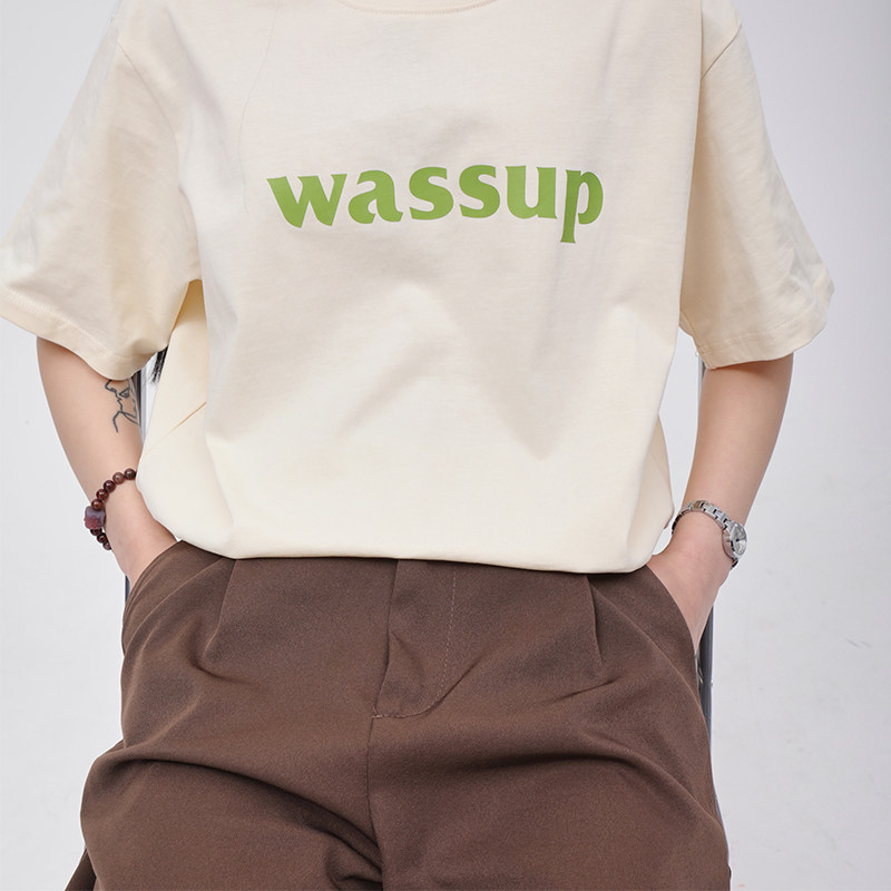 WASSUP短袖T恤女ins纯棉夏季宽松半袖2024新款美式情侣装正肩上衣_虎窝淘