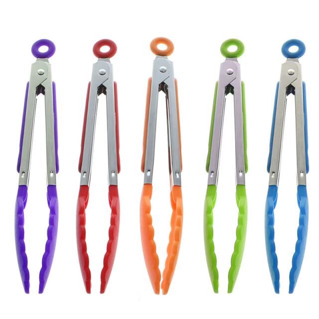 1PC Silicone Cooking Food Serving BBQ Stainless Tongs Steel_虎窝淘