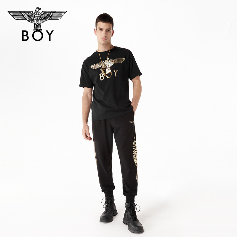 BOYLONDON秋季男女同款烫金老鹰翅膀哥特风朋克黑色卫裤N15012_虎窝淘