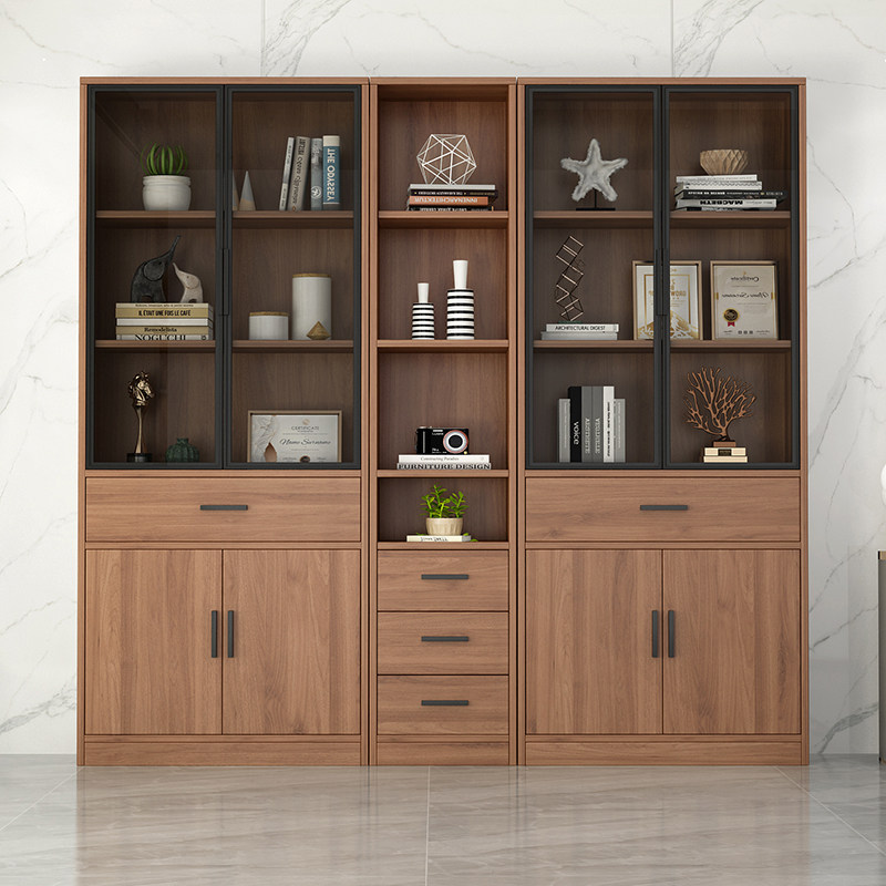 书柜客厅一体靠墙轻奢高档带玻璃书橱办公室文件柜书架中式展示柜_虎窝淘