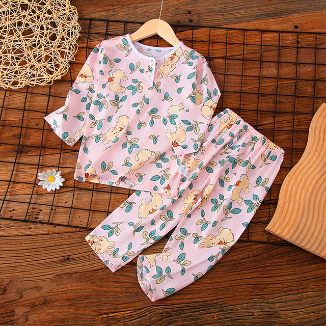 Children's home clothes set for girls cotton silk pajamas summer thin ...