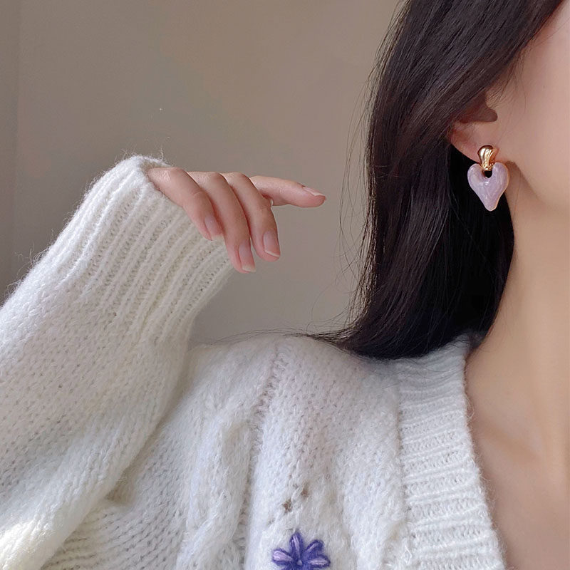 美国【设计师】Chic know复古珠光滴釉紫色耳环爱心925耳饰女新款_虎窝淘